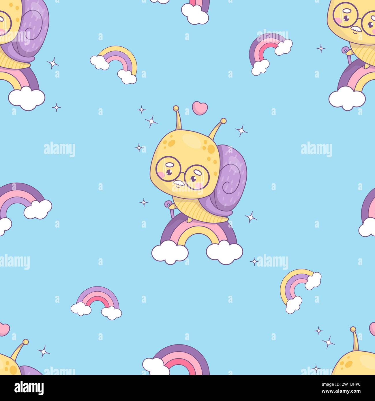 Seamless pattern with snail character elderly grandfather. Funny kawaii insect old man with ...