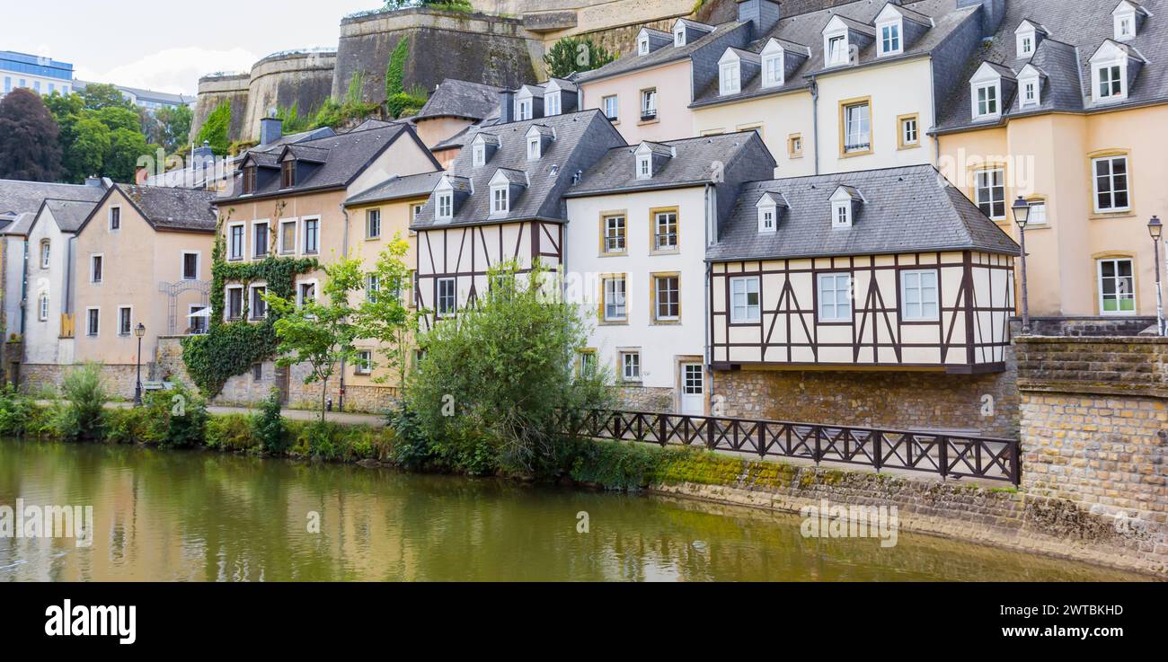 Panorama of half timbered houses at the Alzette river in Luxembourg ...