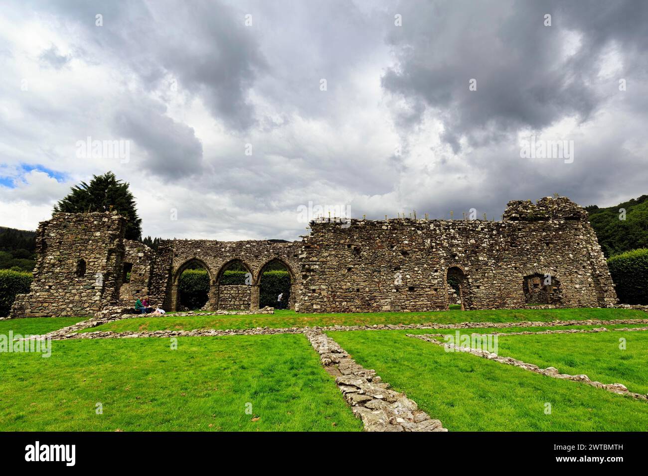 Abbey church, ruins of Cymer Abbey in a meadow, former Cistercian abbey ...