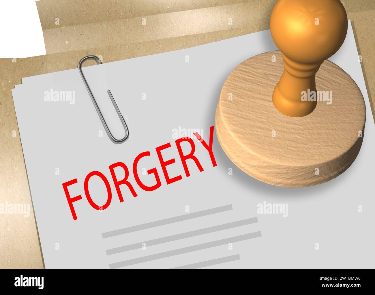 3D illustration of FORGERY stamp title on business document or contract ...