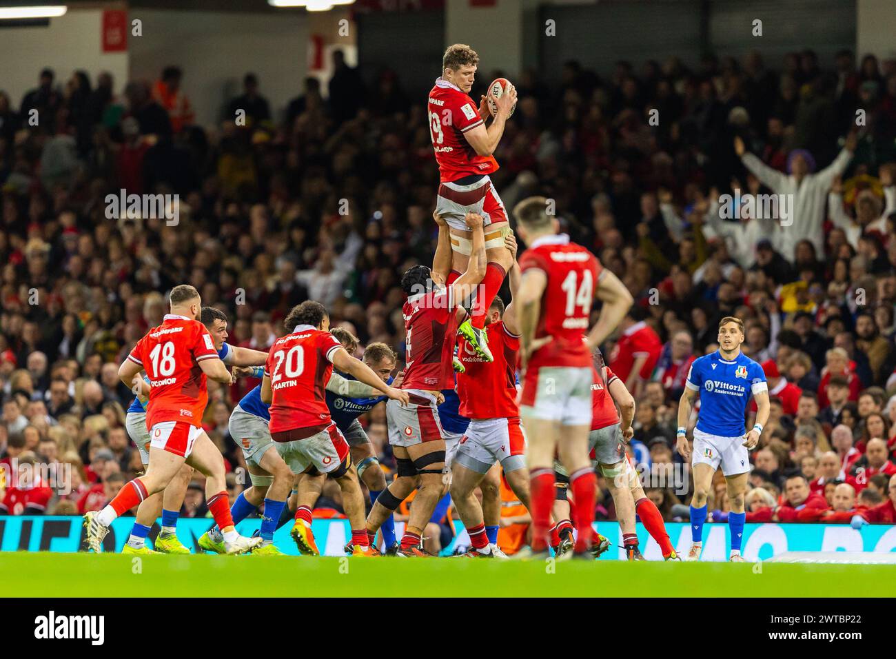 Cardiff, UK. 16th Mar, 2024. Will Rowlands of Wales claims a line out ...