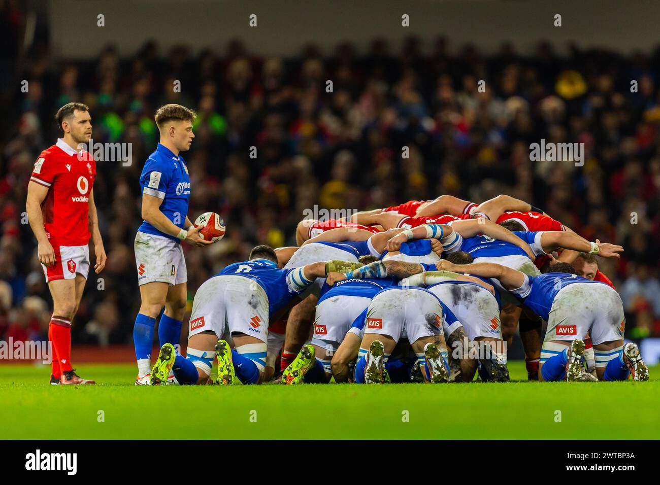 Cardiff, UK. 16th Mar, 2024. Stephen Varney of Italy prepares to feed a ...