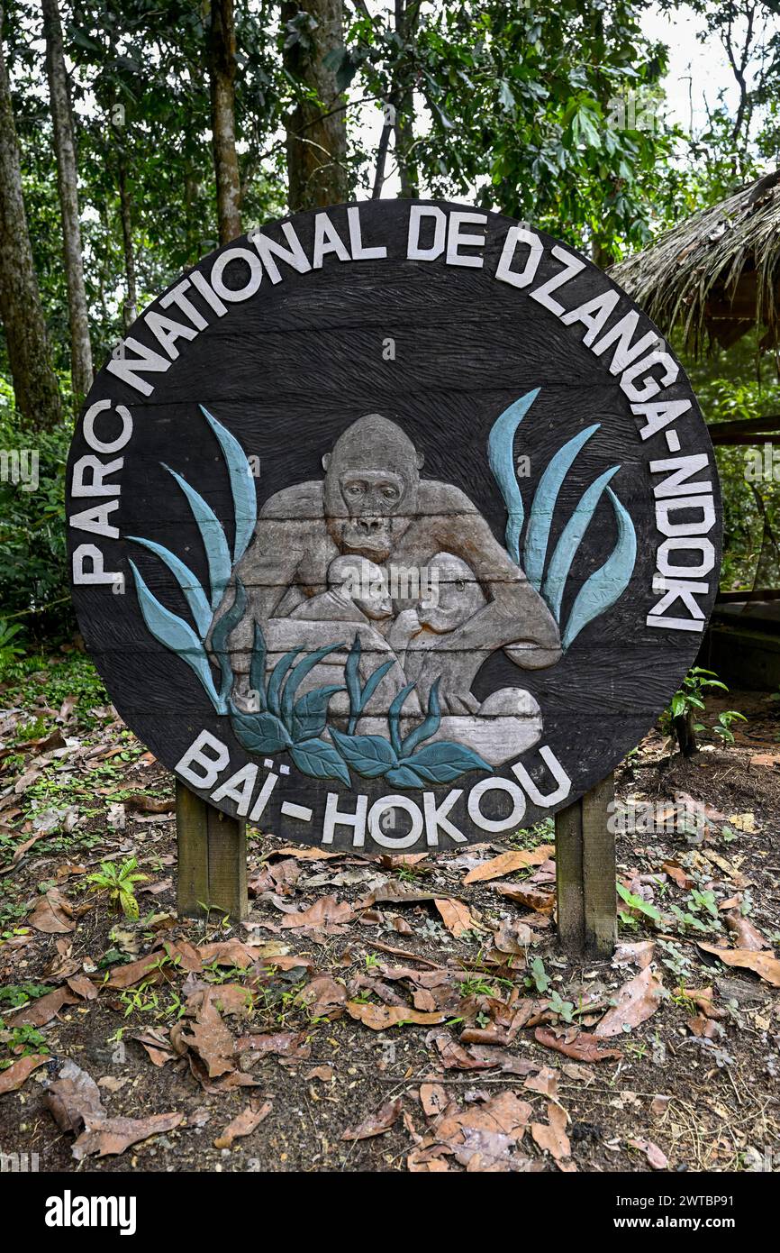Sign at the entrance to the Dzanga-Ndoki National Park, Bai-Hokou ...