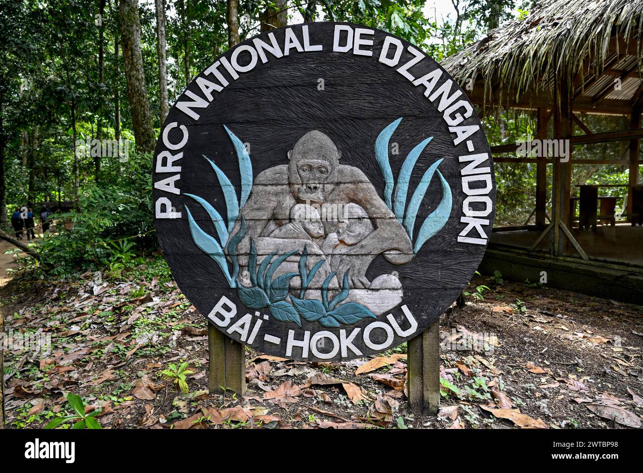 Sign at the entrance to the Dzanga-Ndoki National Park, Bai-Hokou, Unesco World Heritage Site ...