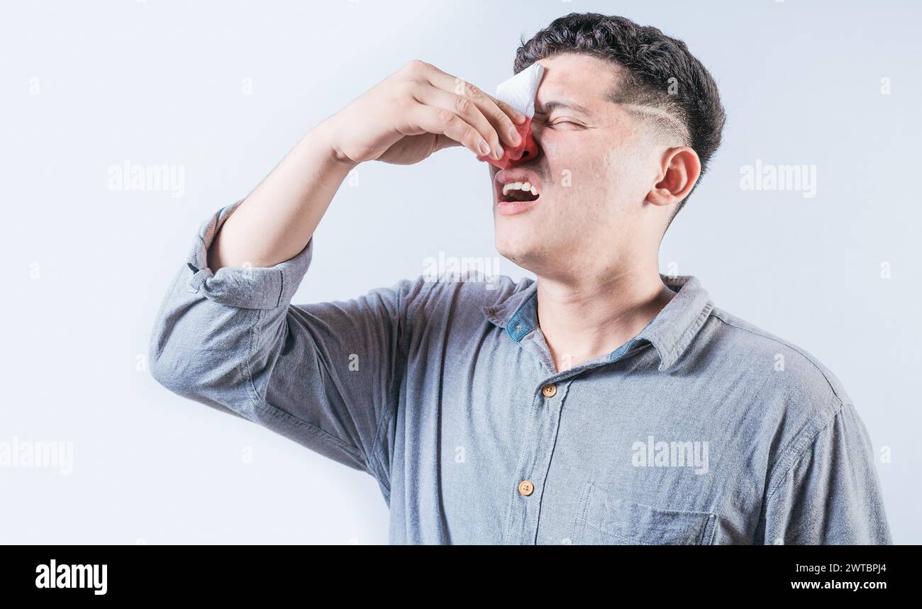 Man suffering from sinusitis isolated. People suffering with irritated ...