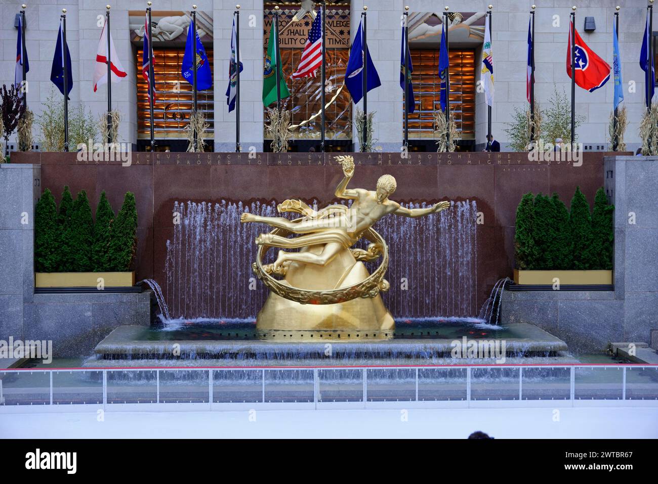 Prometheus golden statue sculpture flag flags hi-res stock photography ...