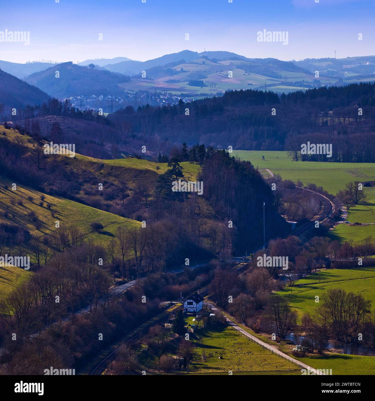 View from the Calvary into the Lower Diemel Valley, Marsberg, Sauerland ...