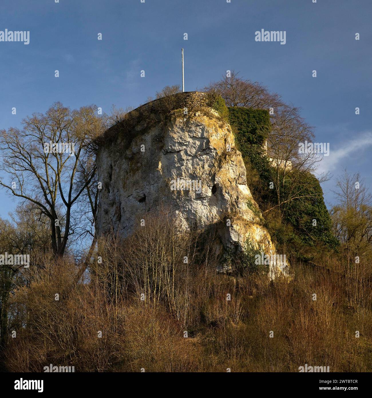 The steep limestone cliff on which Canstein Castle stands, Marsberg ...