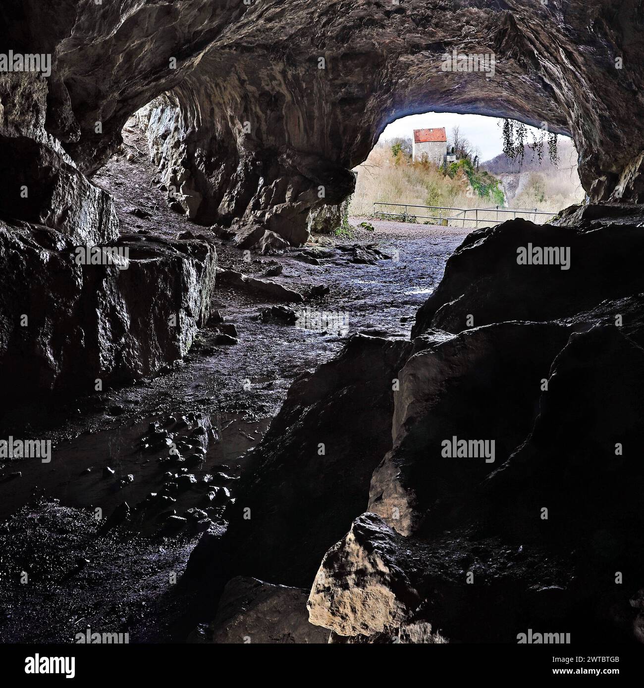 View from the Feldhof Cave in the Hoenne Valley in Balve to Klusenstein ...