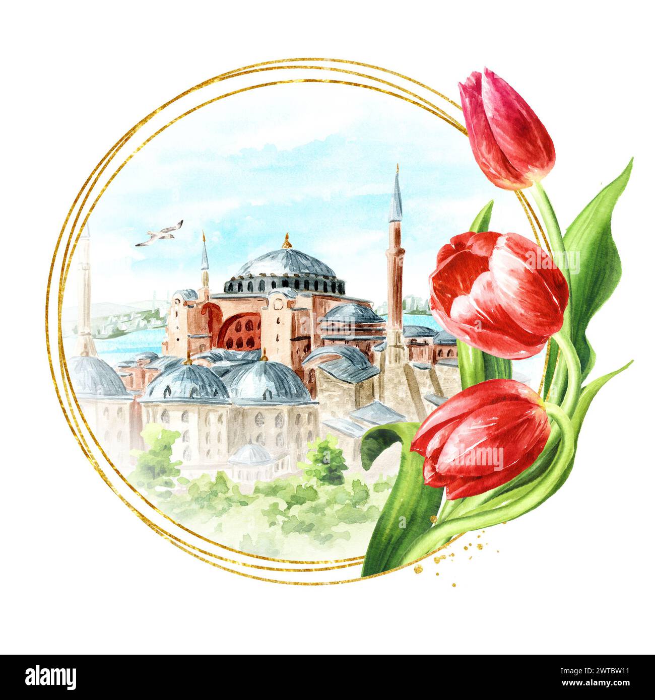Hagia Sophia mosque, symbol of Istanbul, Turkey. Hand drawn watercolor ...