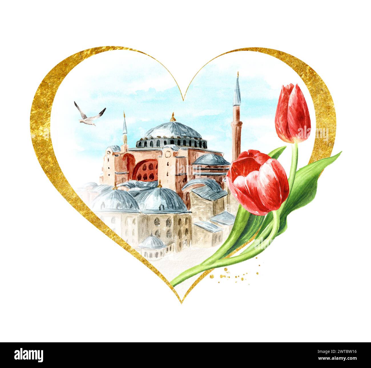 Hagia Sophia mosque, symbol of Istanbul, Turkey. Hand drawn watercolor ...