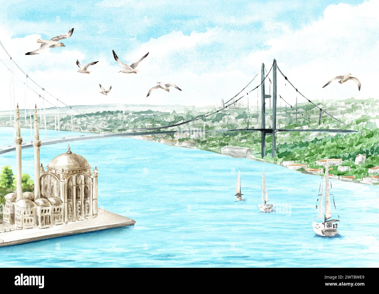 Bosphorus bridge, Istanbul, Turkey. Hand drawn watercolor illustration ...