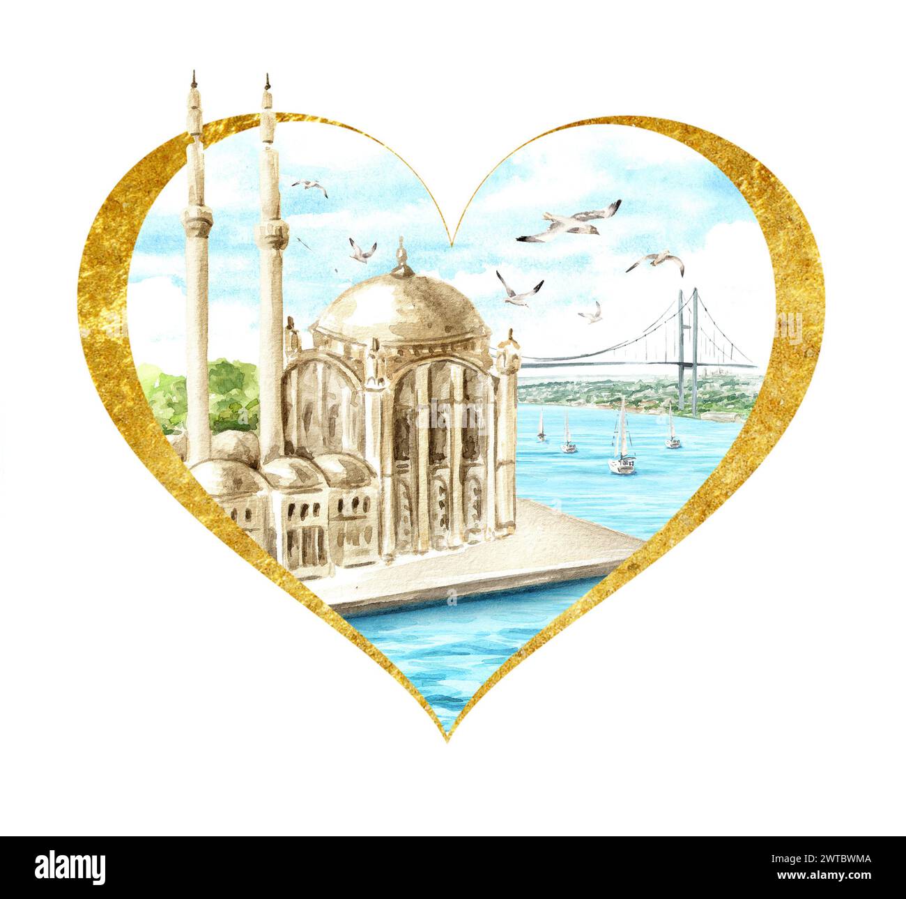 Ortakoy Mosque and Bosphorus bridge, Istanbul, Turkey. Hand drawn ...