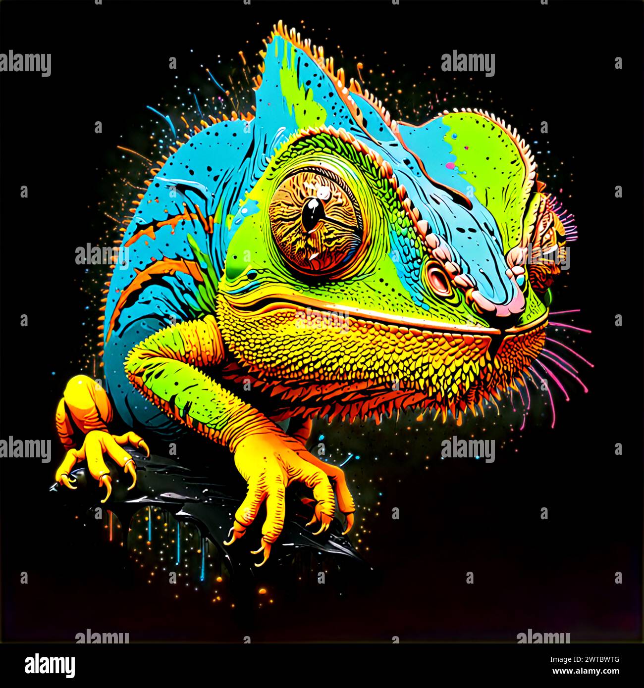 A mesmerizing piece of art featuring a neon-colored animal against a ...
