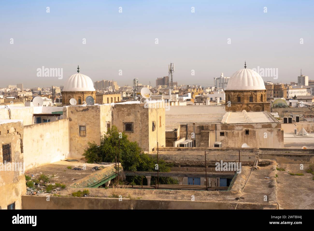 Rooftop shot in Medina of Tunis terrace warm sunny weather clear sky ...