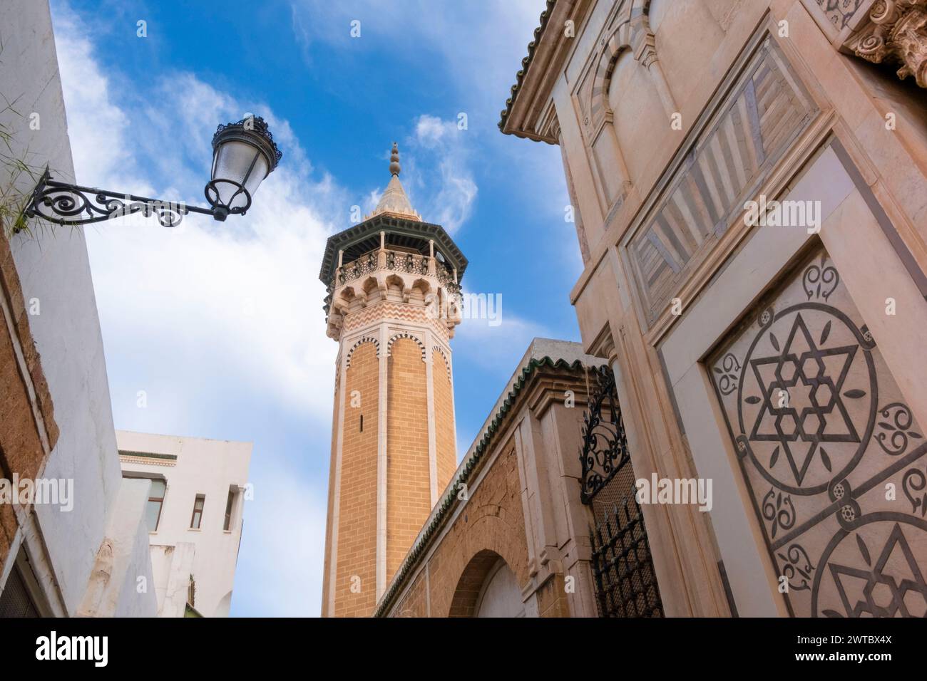 Saheb Ettabaa Mosque close wide angle view surrounded by Tunisian old ...