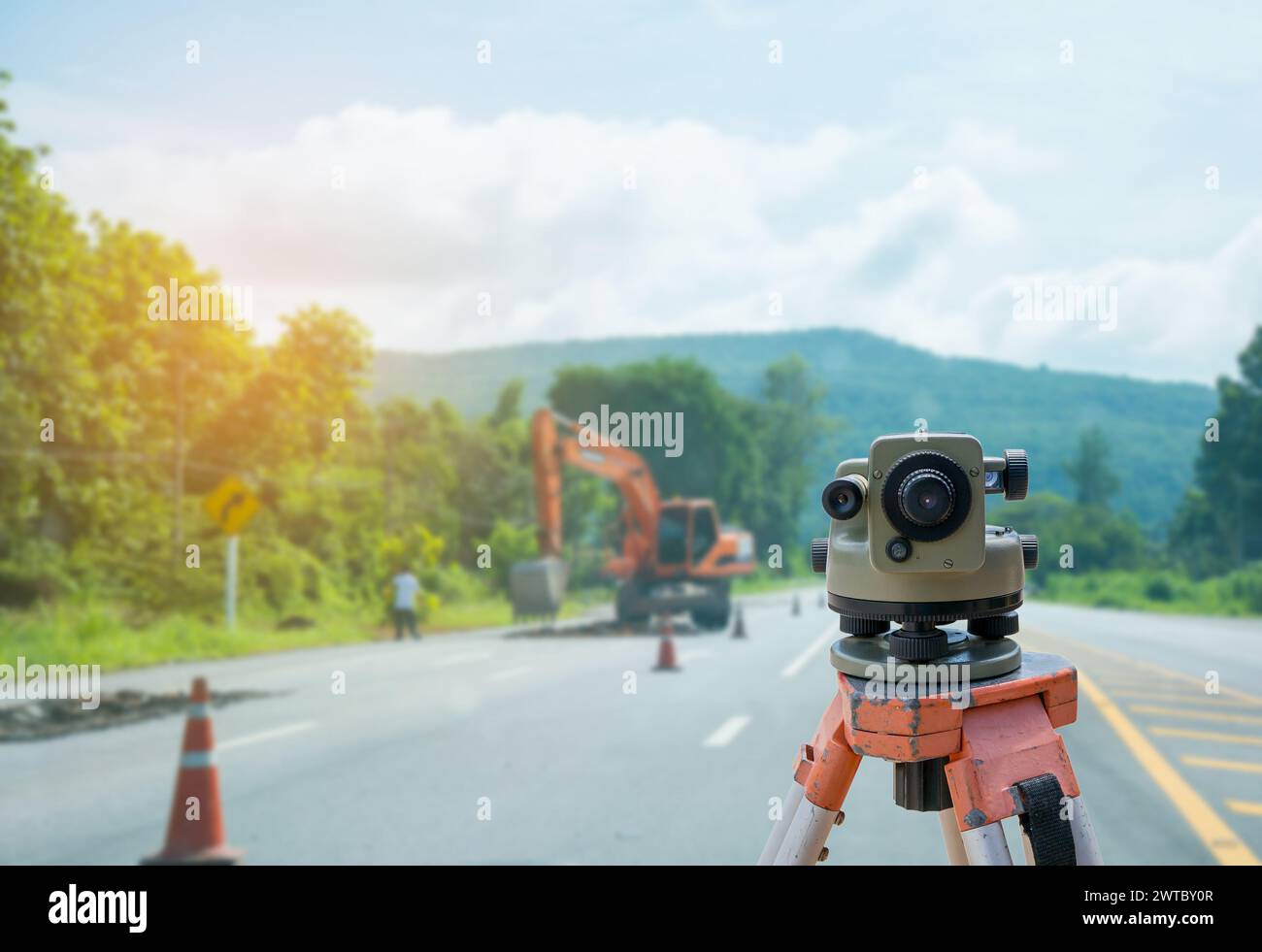 Surveyor equipment tacheometer or theodolite with road construction ...
