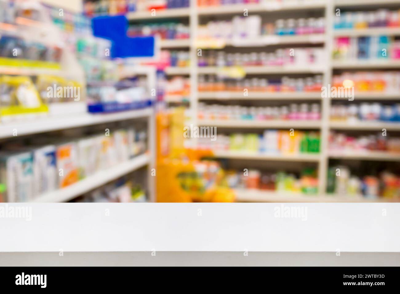 Pharmacy counter drug store interior blurred background with medicine ...