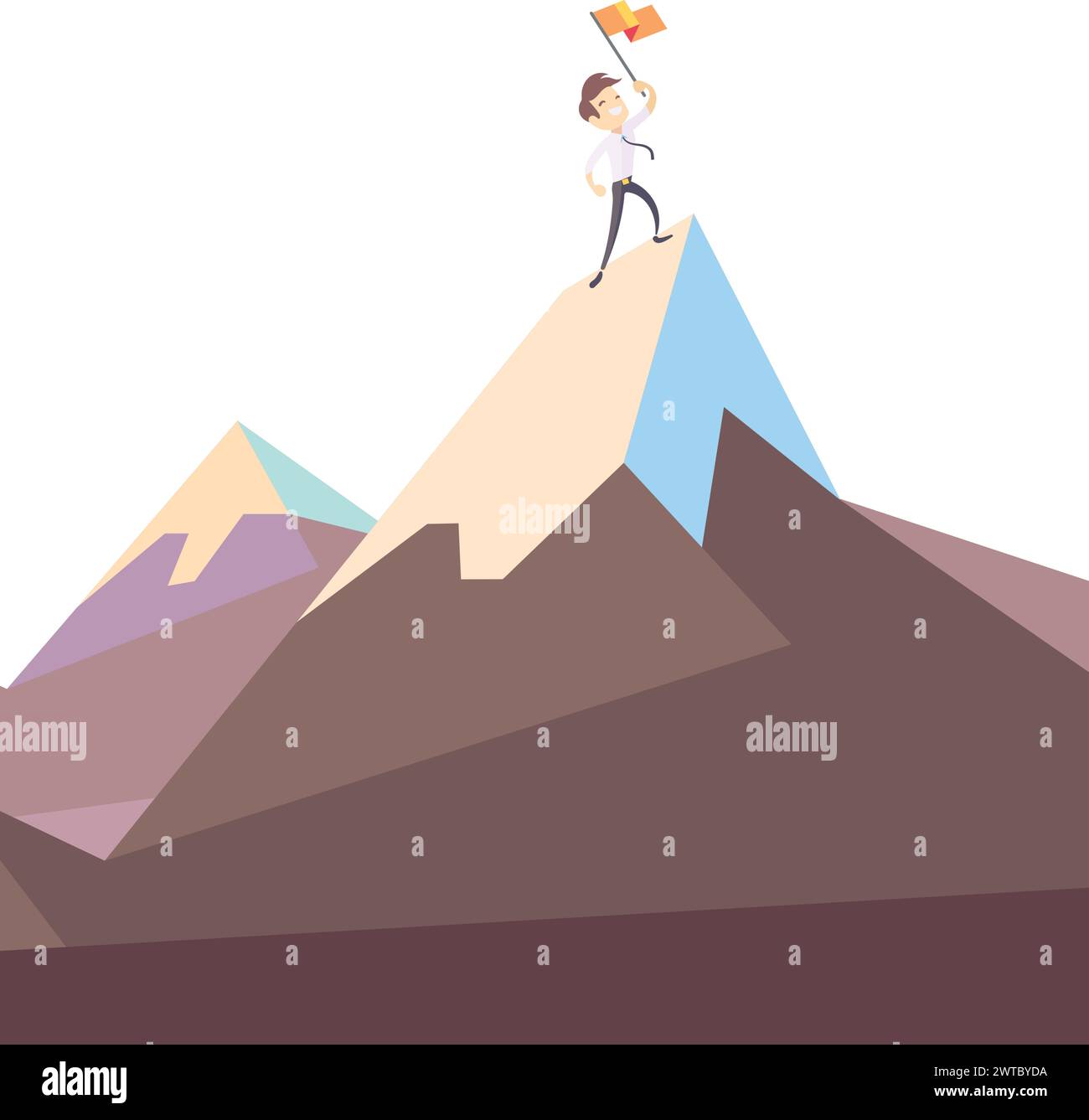 Man climbing on mountain with flag. Cartoon business success Stock ...