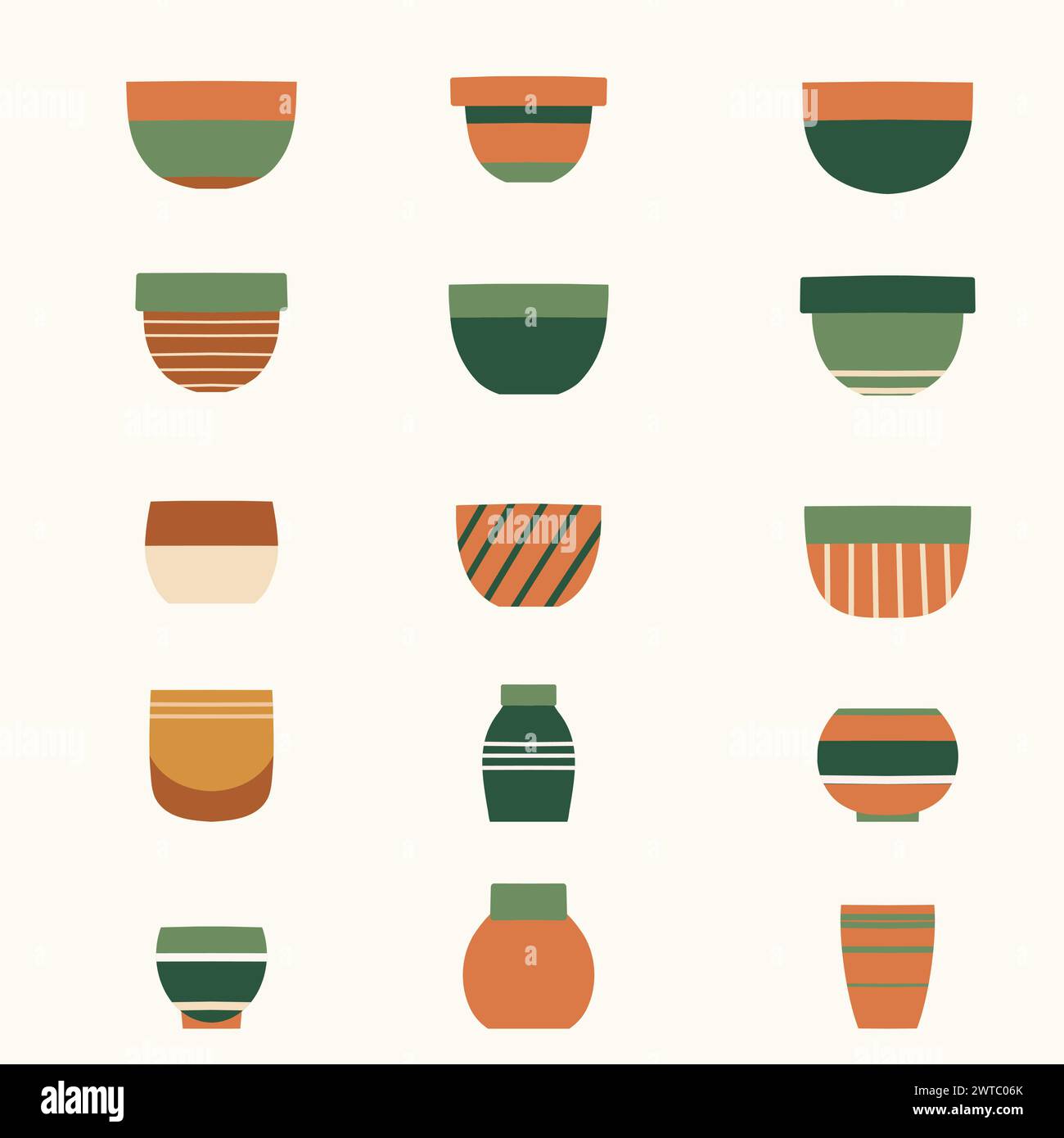 Vector set of flat hand drawn ceramic flowerpots isolated from ...