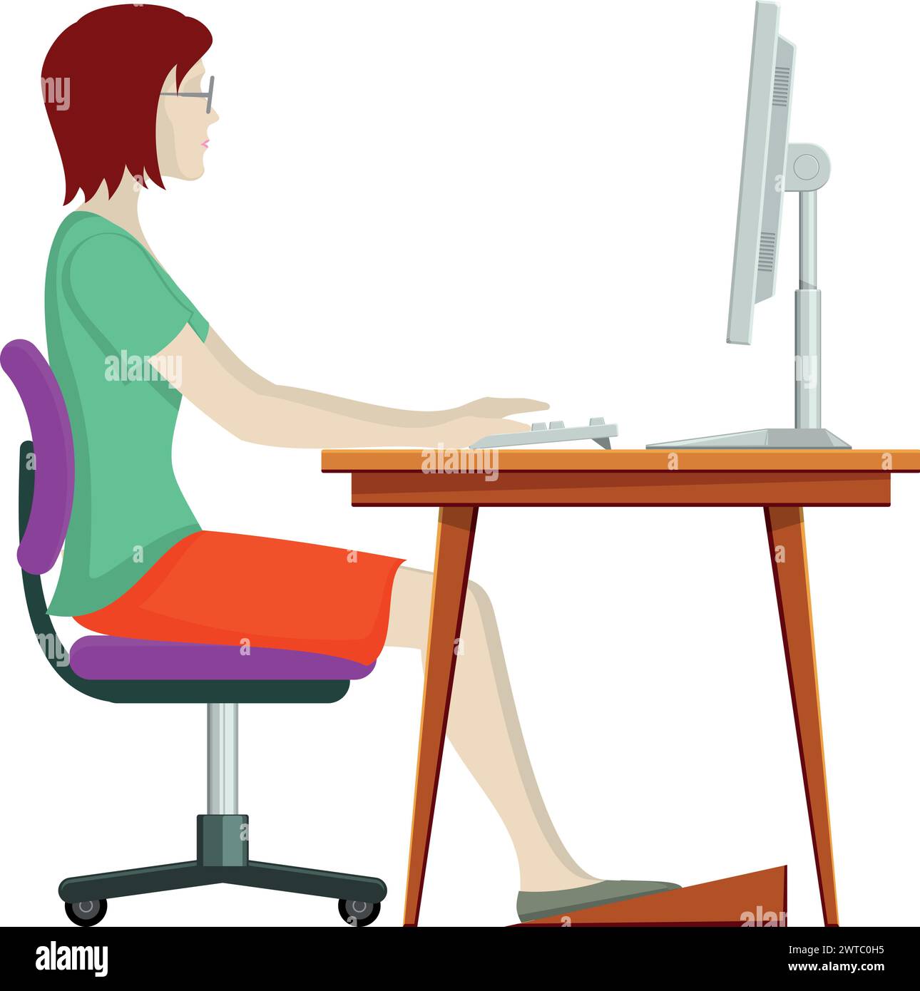 Woman working at computer desk side view. Sitting posture Stock Vector ...