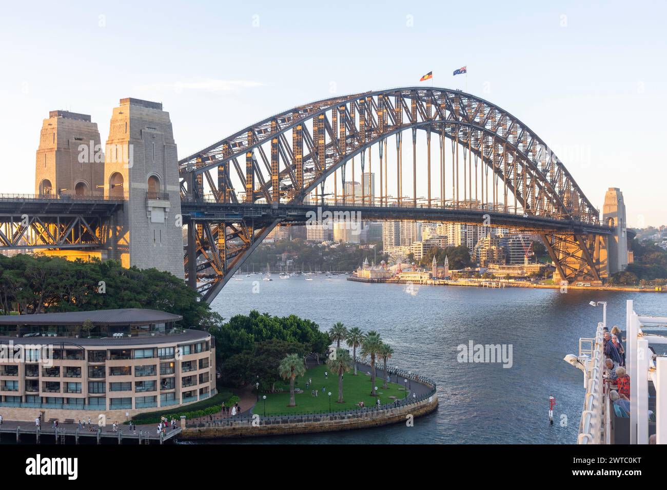 Sydney Harbour Bridge at sunset from Cunard Queen Victoria cruise ship ...