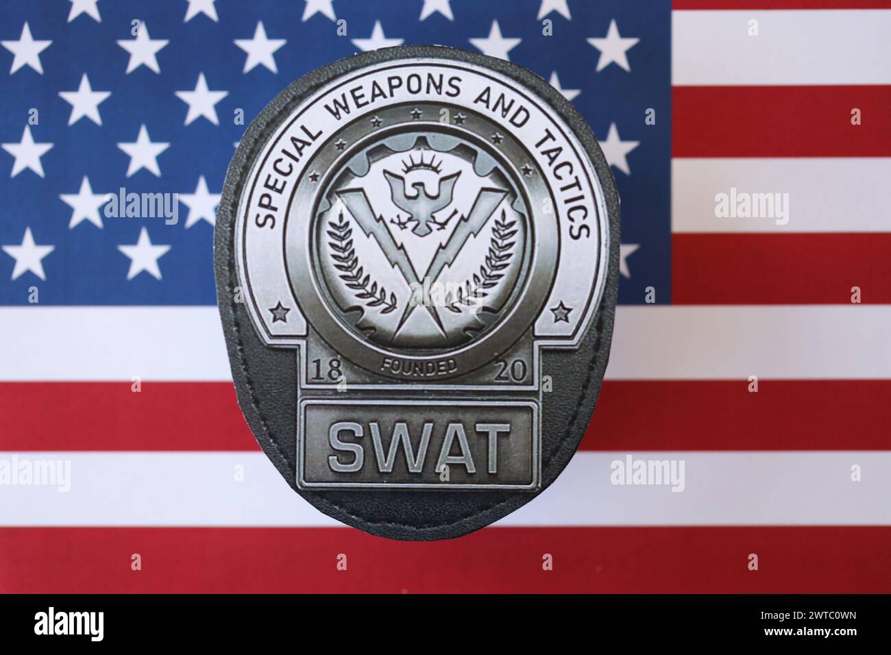 KYIV, UKRAINE - MARCH 9, 2024 US SWAT badge on United States of America ...