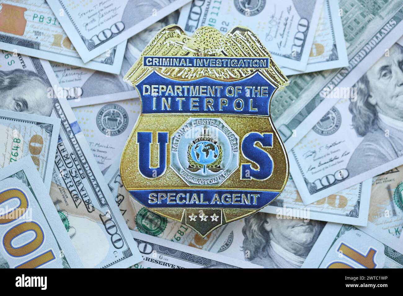 KYIV, UKRAINE - MARCH 9, 2024 US Interpol Special Agent badge on many ...