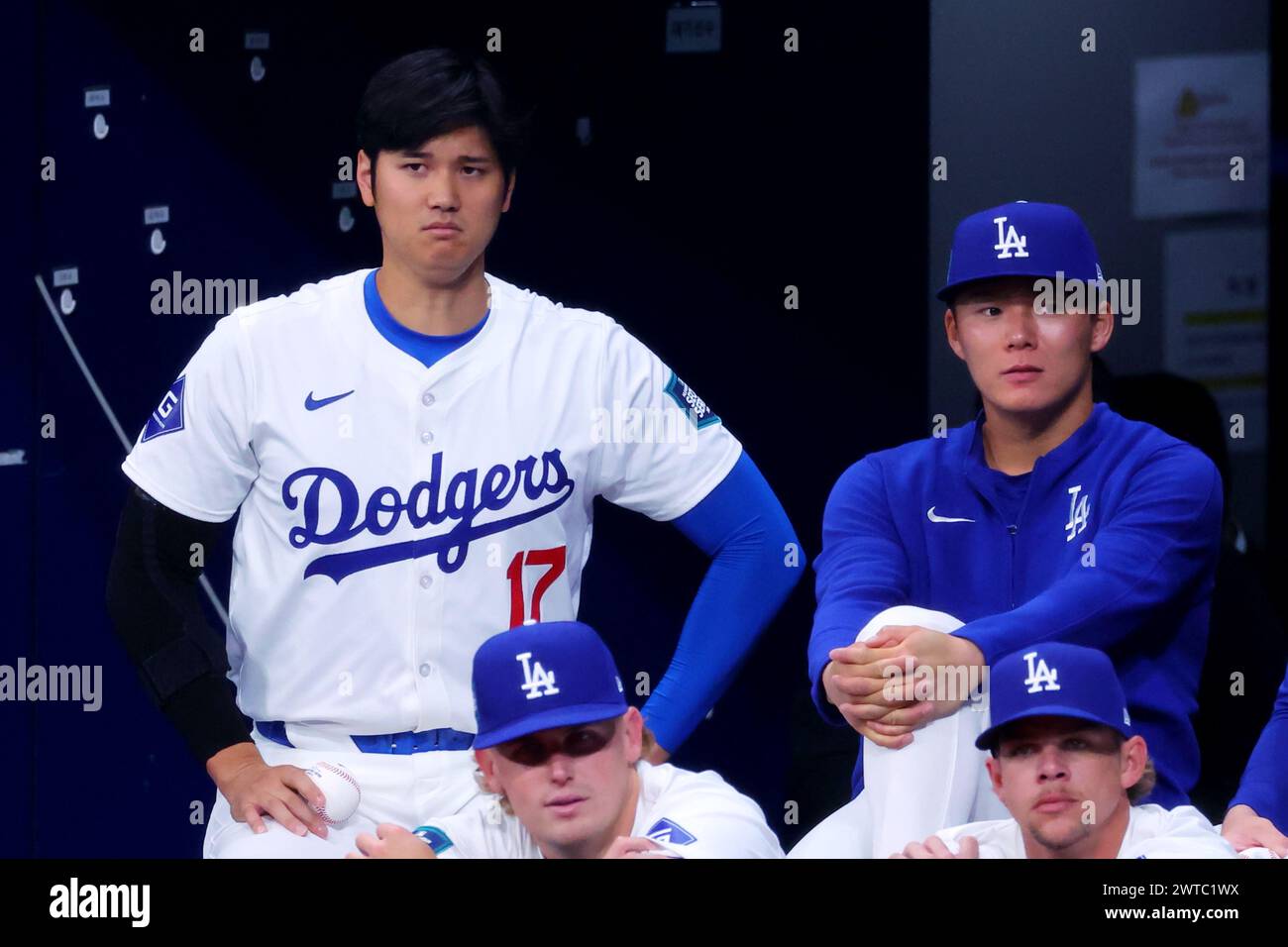Gocheok Sky Dome, Seoul, South Korea. 17th Mar, 2024. (L-R) Shohei Ohtani, Yoshinobu Yamamoto ...