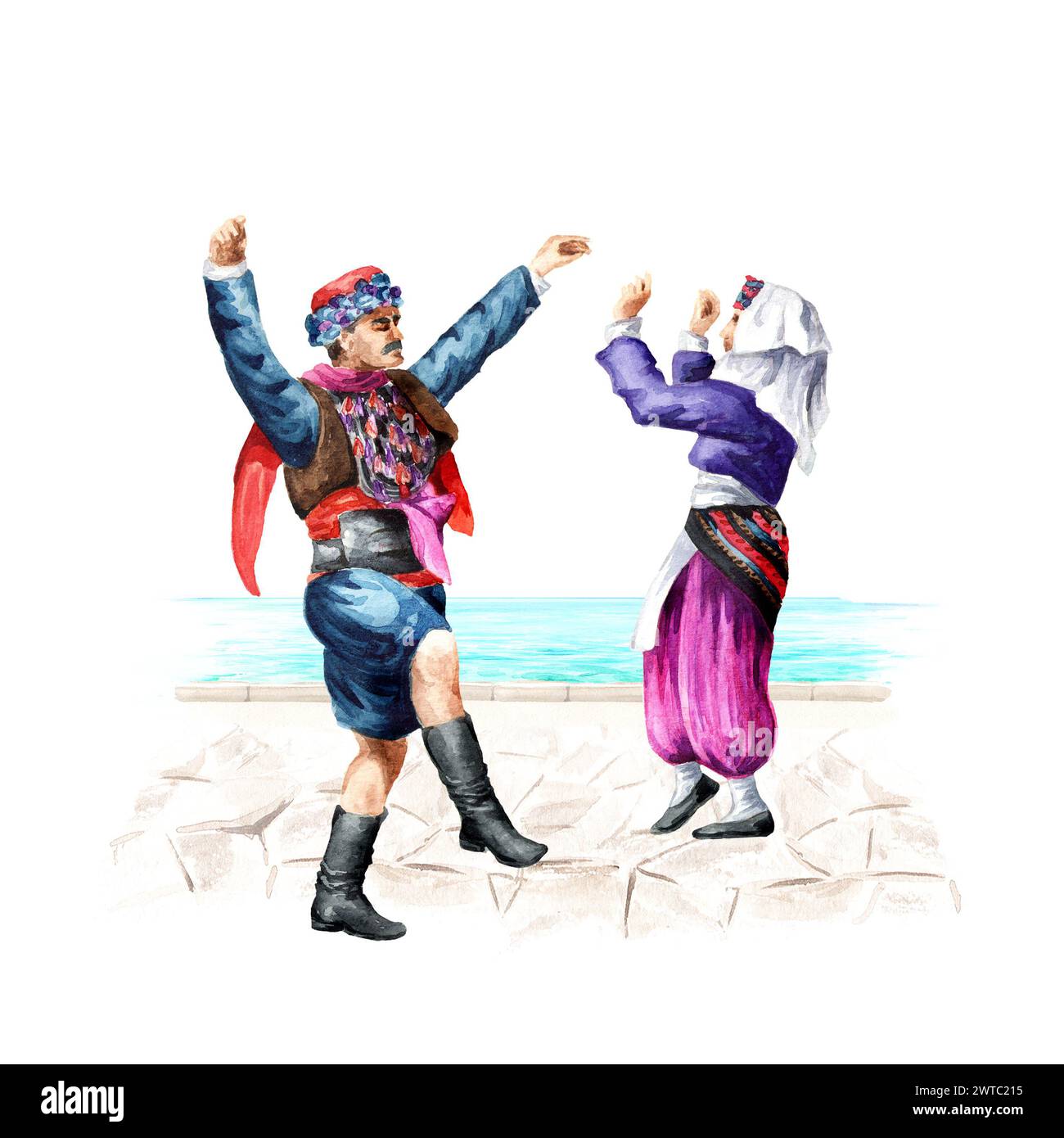 Couple of dancers in national costumes dancing against the background ...