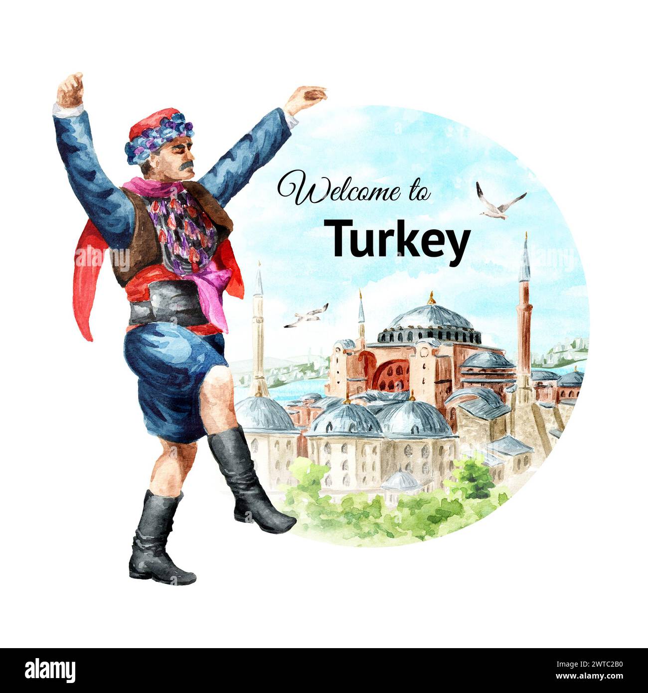 Welcome to Turkey card. Turkish Zeybek Dance and Haria Sofia, symbol of ...