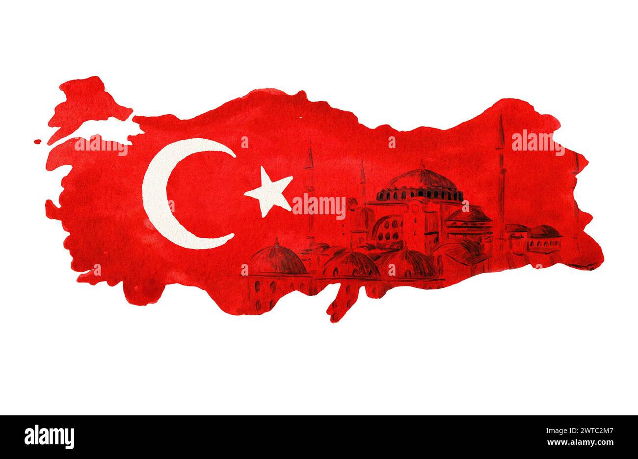Turkish Flag with Hagia Sofia drawing. Hand drawn watercolor ...