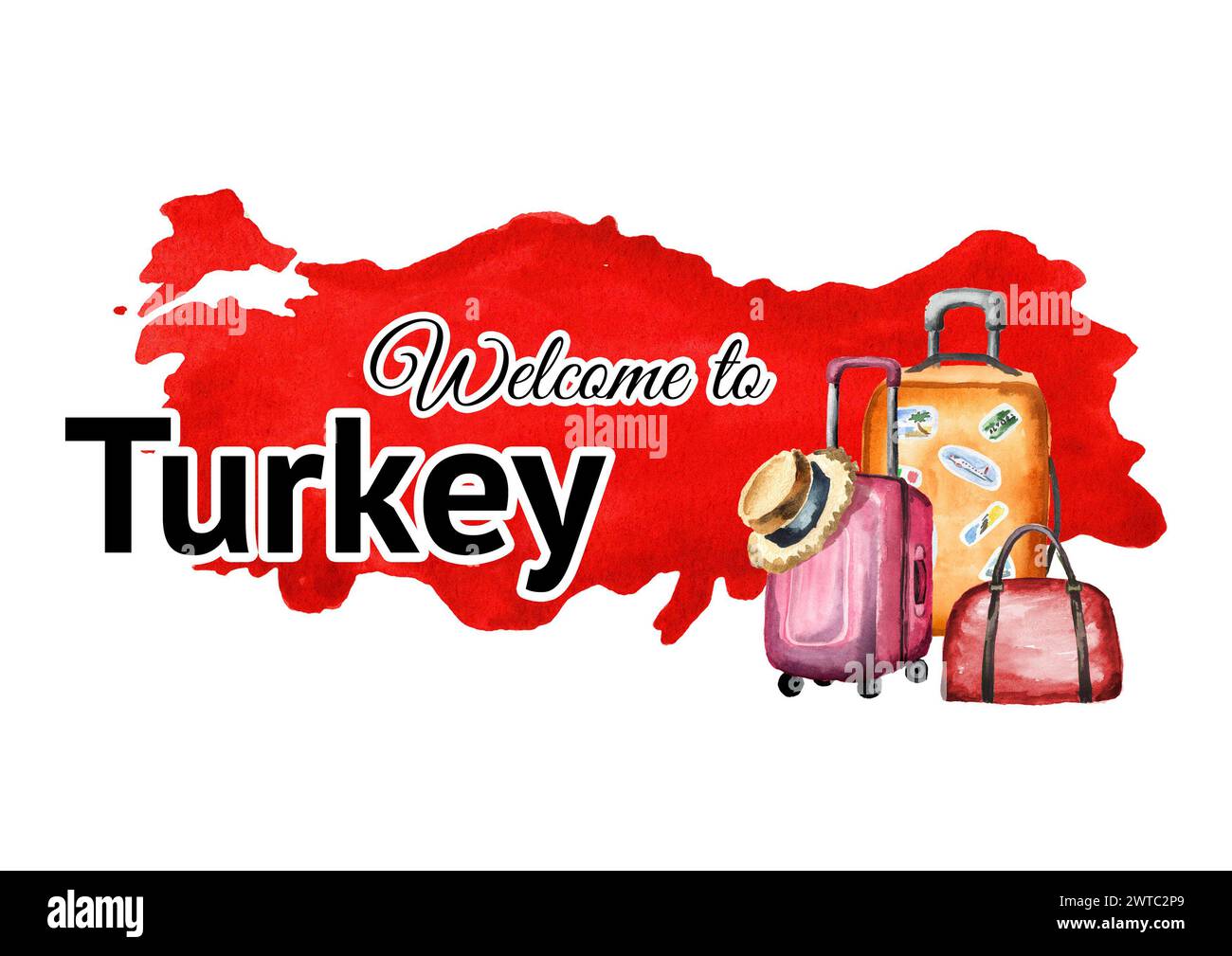 Welcome to Turkey card. Flag and map, symbol of the country. Hand drawn ...