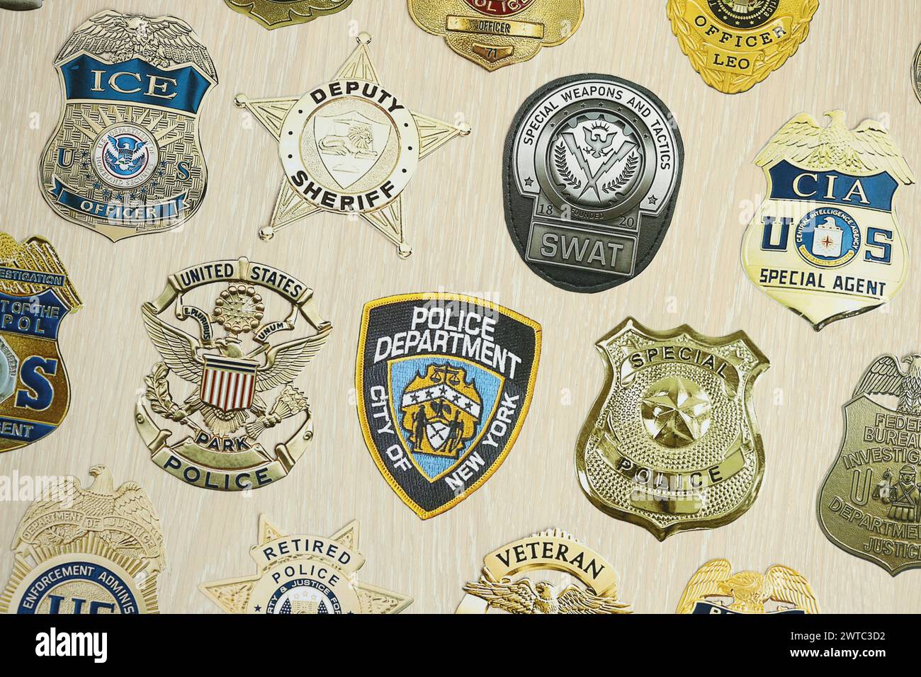 KYIV, UKRAINE - MARCH 9, 2024 Badges of different United States police ...