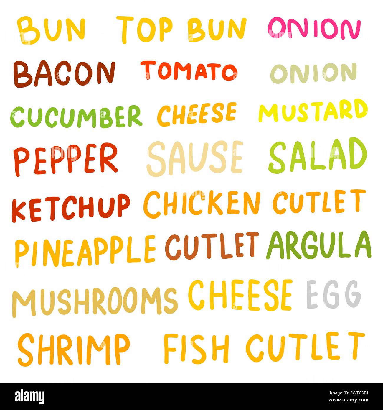 Hand drawn lettering titles of ingredients for burger and sandwich ...