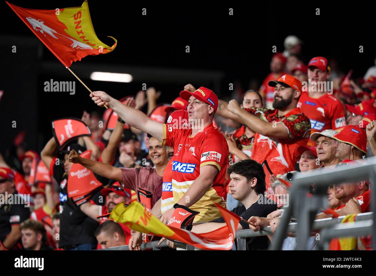 Brisbane, Australia. 17th Mar, 2024. Dolphins fans cheer during the NRL ...