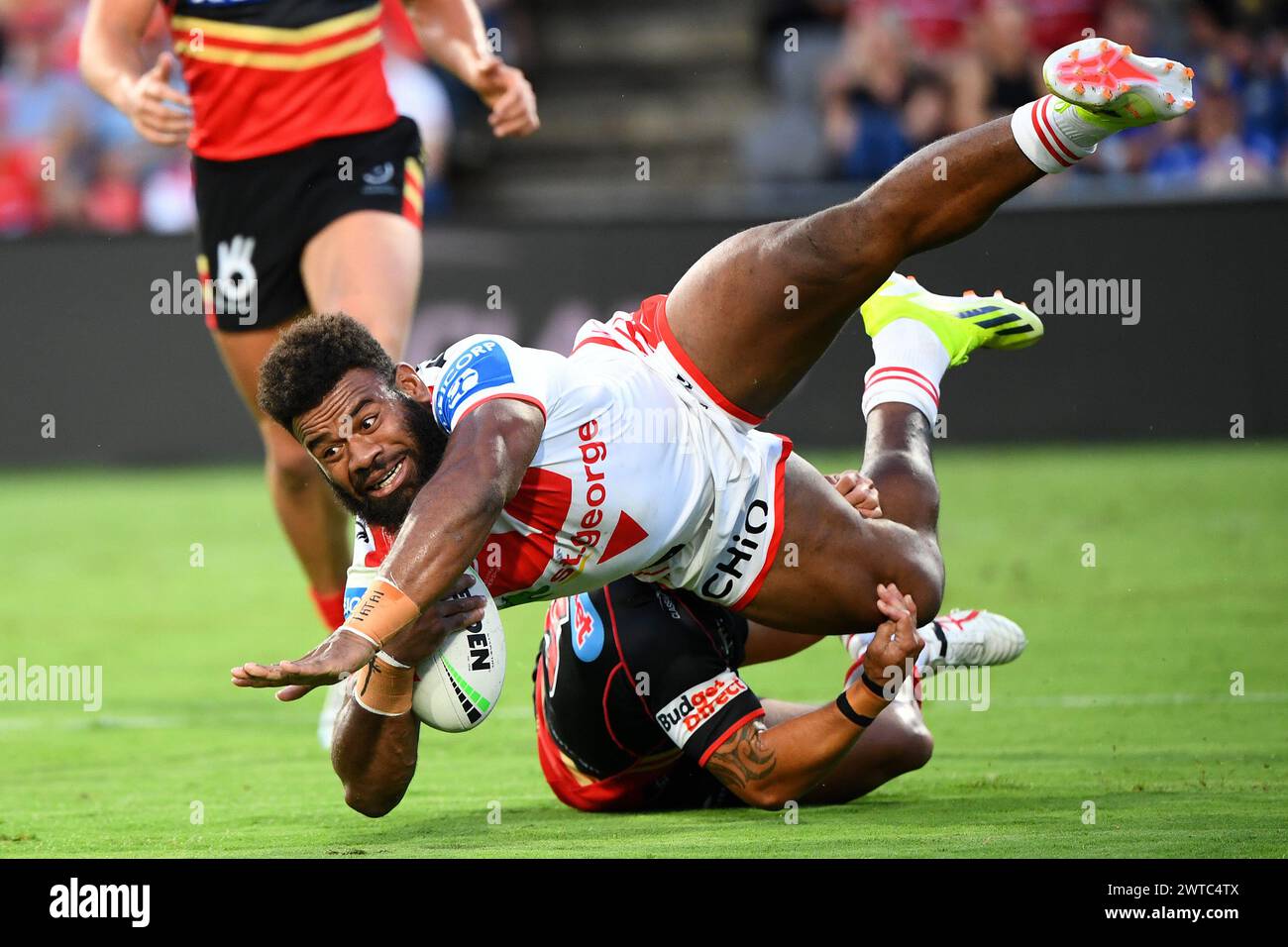 Brisbane, Australia. 17th Mar, 2024. Mikaele Ravalawa of the Dragons is ...
