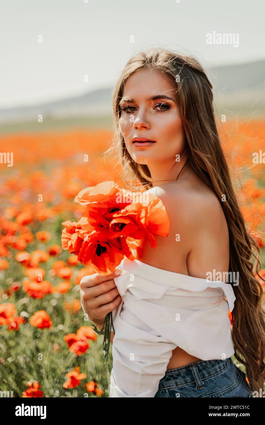 Woman Poppies Field Side View Of A Happy Woman With Long Hair In A Poppy Field And Enjoying The