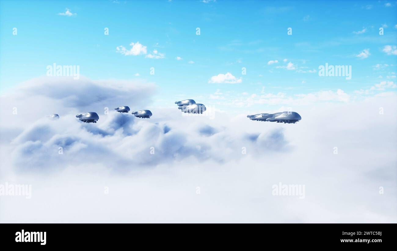 military futuristic ship fly in the clouds. Invasion. 3d rendering ...