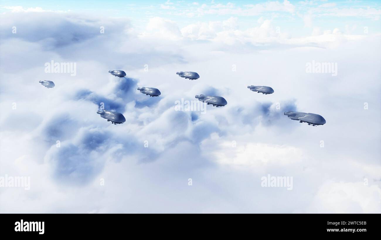 military futuristic ship fly in the clouds. Invasion. 3d rendering ...