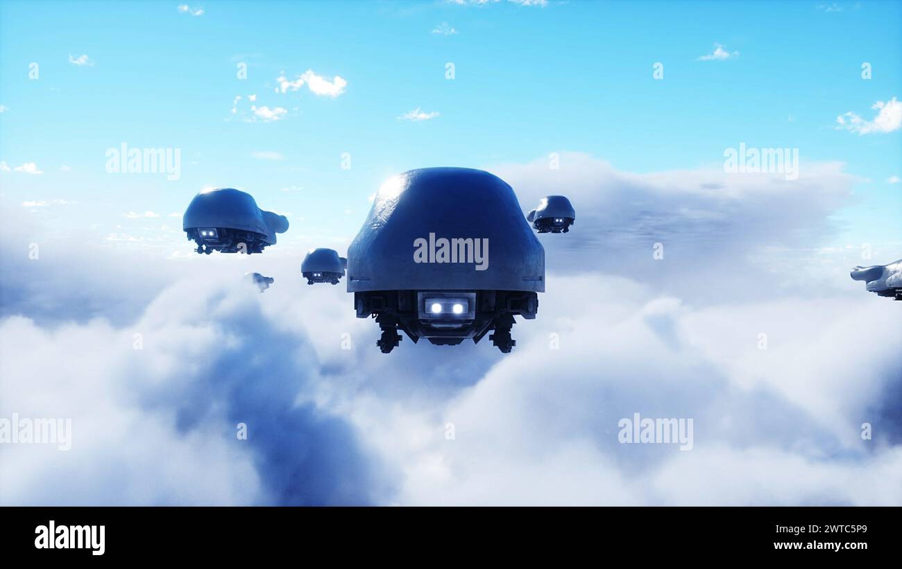 military futuristic ship fly in the clouds. Invasion. 3d rendering ...