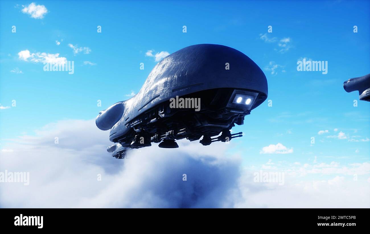 military futuristic ship fly in the clouds. Invasion. 3d rendering ...