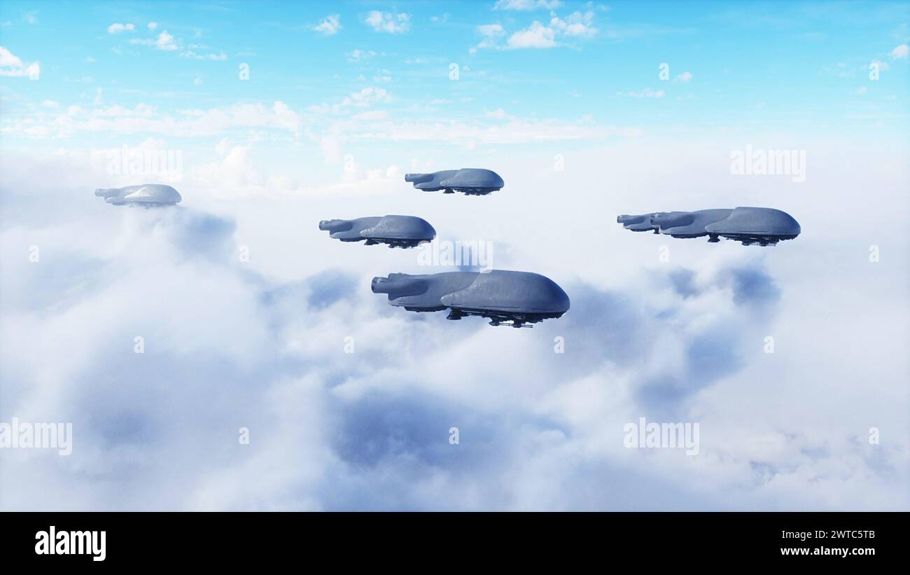 military futuristic ship fly in the clouds. Invasion. 3d rendering ...