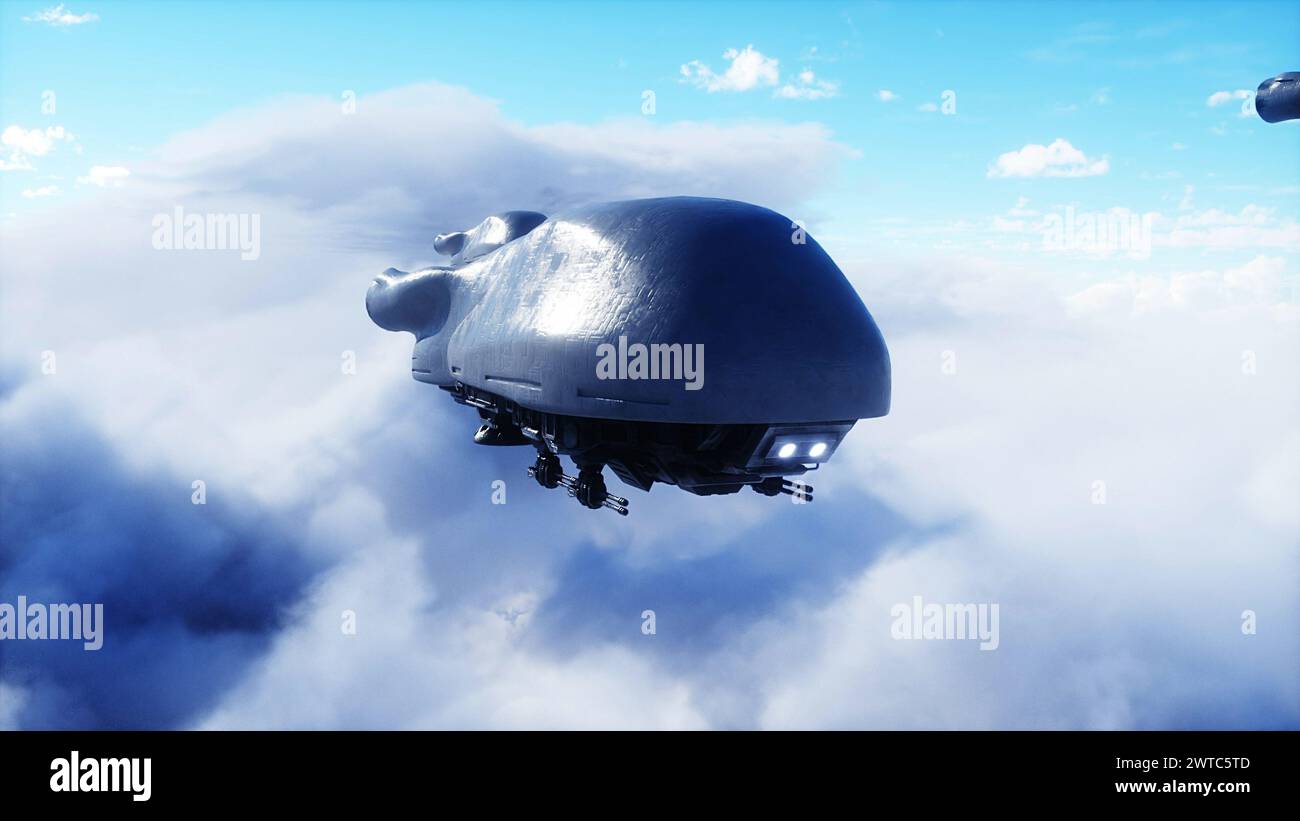 military futuristic ship fly in the clouds. Invasion. 3d rendering ...