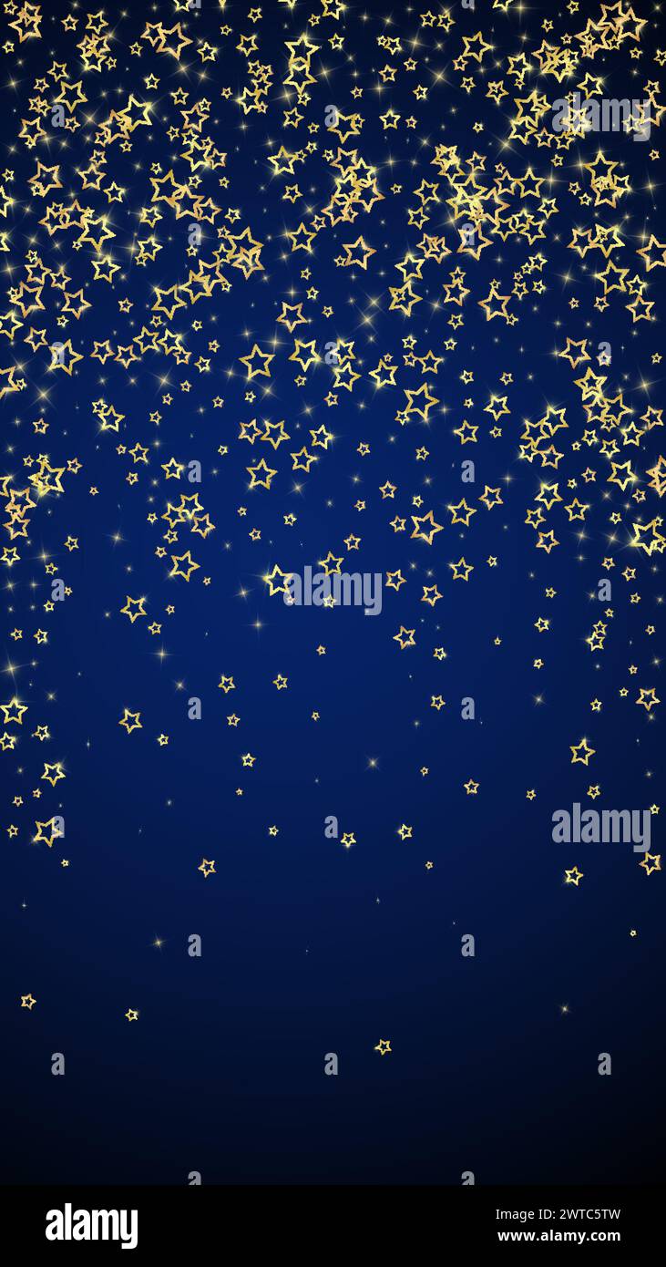 Gold sparkling star confetti. Chaotic dreamy childish overlay template. Festive stars vector ...