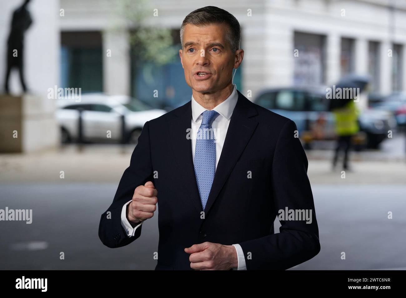 Transport Secretary Mark Harper speaks to the media outside BBC ...
