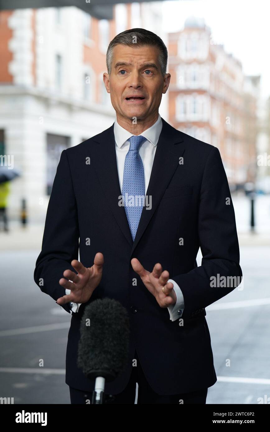 Transport Secretary Mark Harper speaks to the media outside BBC ...