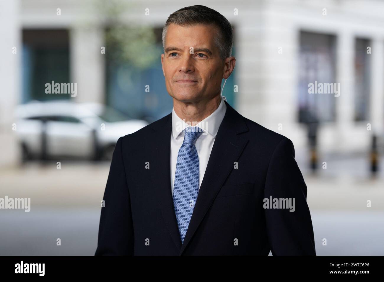 Transport Secretary Mark Harper speaks to the media outside BBC ...