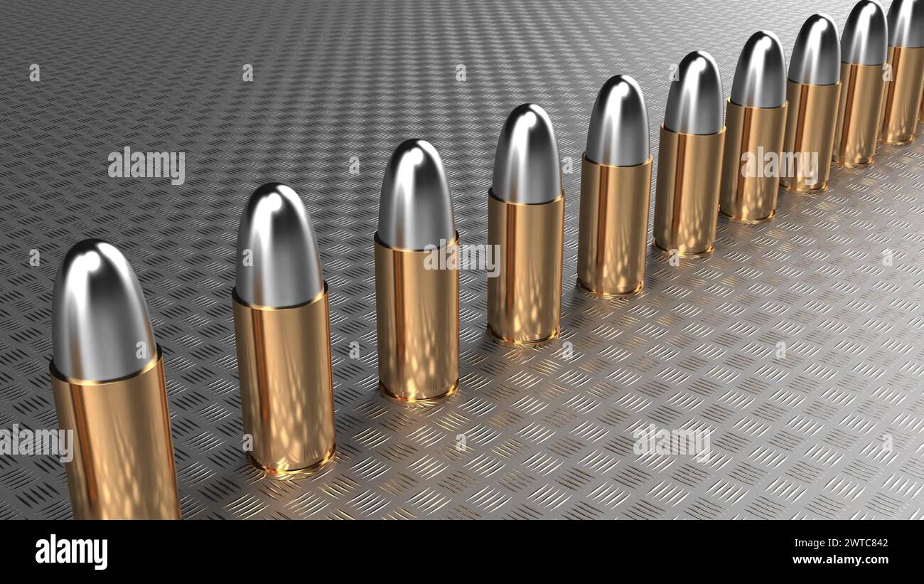Bullets on a metal surface army intro 3d render Stock Photo - Alamy