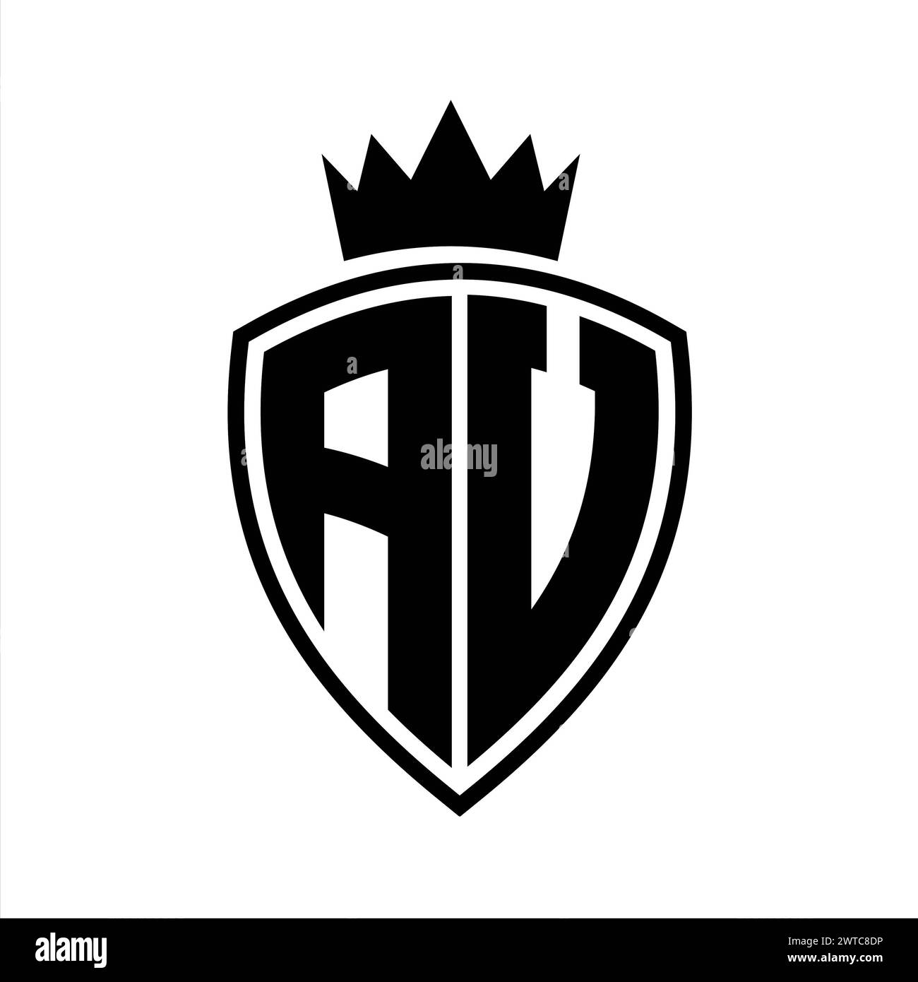 AV Letter bold monogram with shield and crown outline shape with black and white color design ...